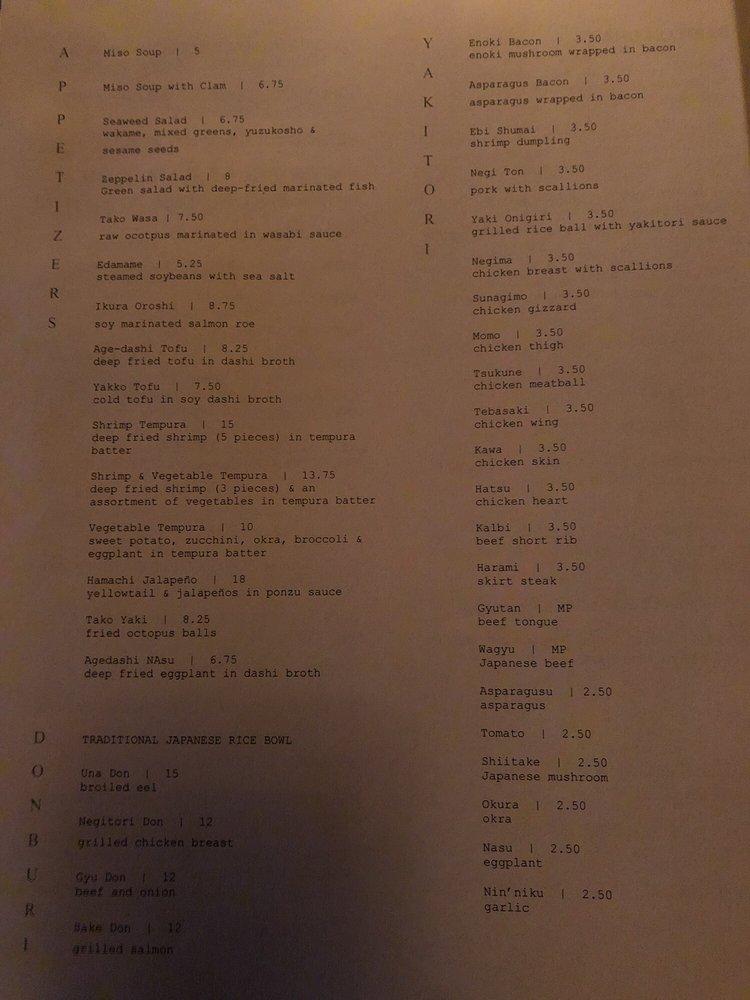 Carta del restaurante Zeppelin, Washington D. C.