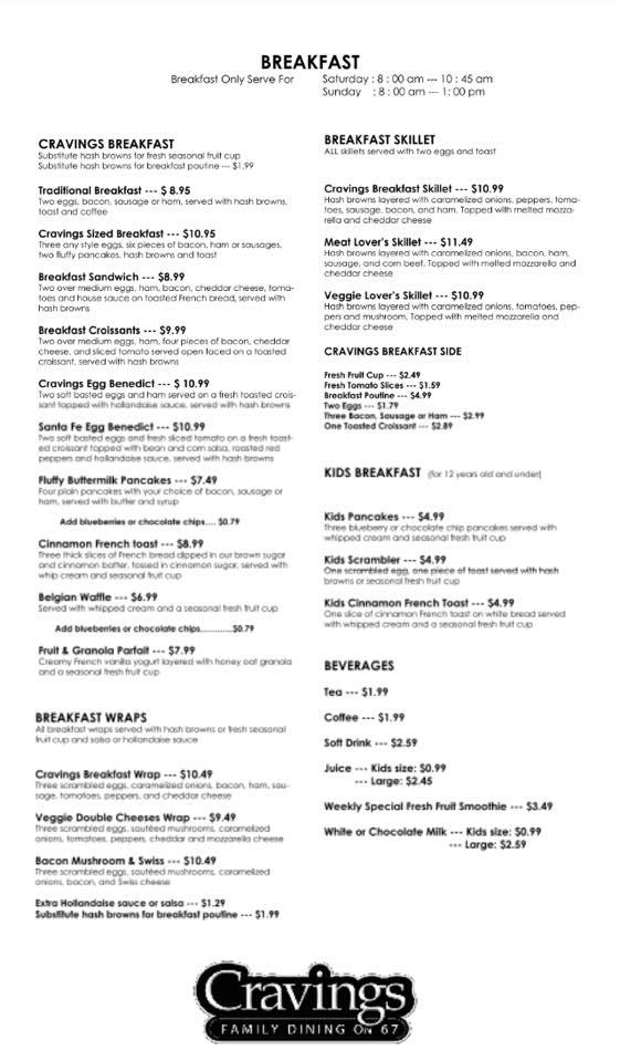 Menu at Cravings on 67 BBQ, Stonewall