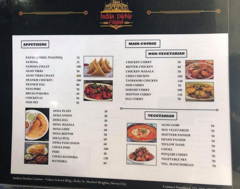 Menu at Indian Darbar Cuisine, Davao City, Ruby St