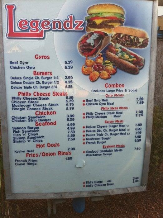 Menu at Legendz restaurant, Tacoma