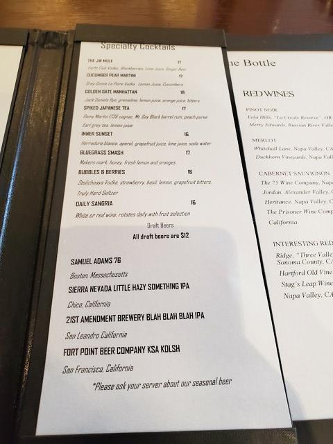 Menu at Level III Restaurant, San Francisco