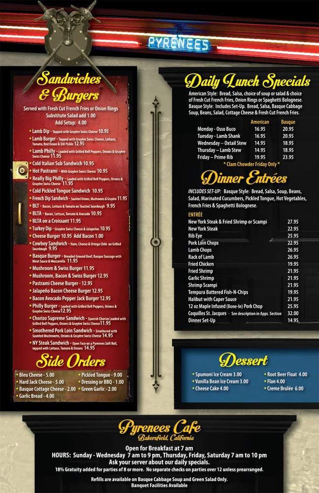 Menu at Pyrenees Cafe, Bakersfield