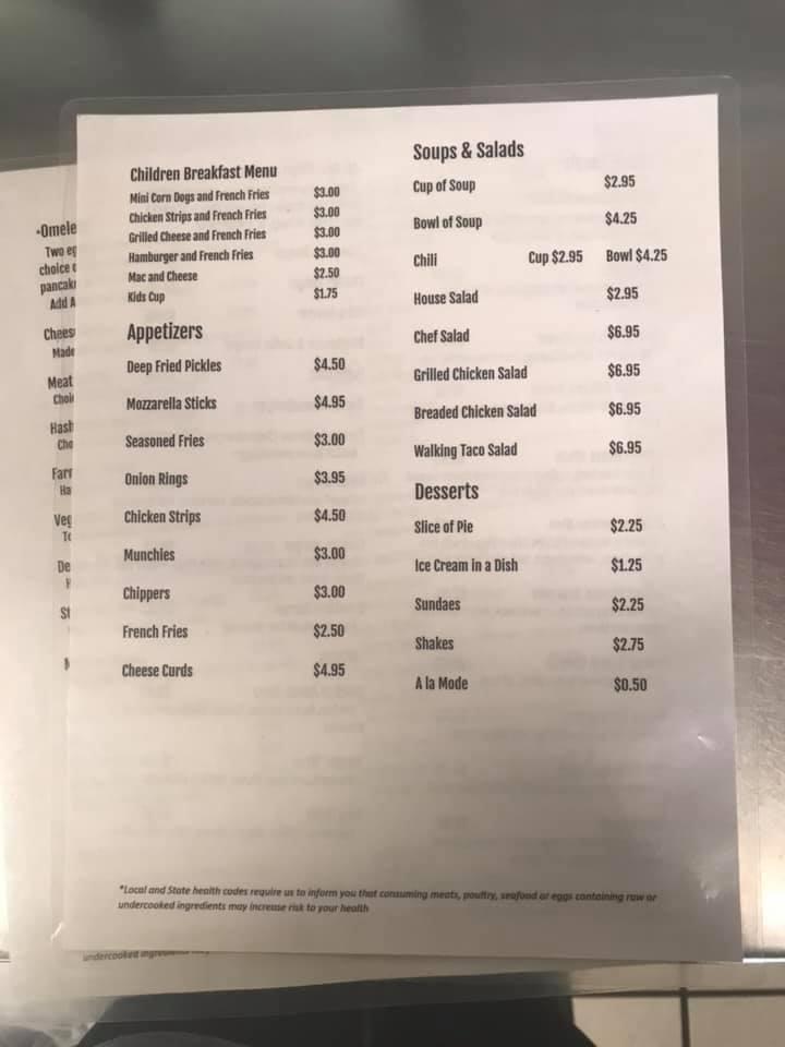 Menu at Sandy's Diner restaurant, Markesan