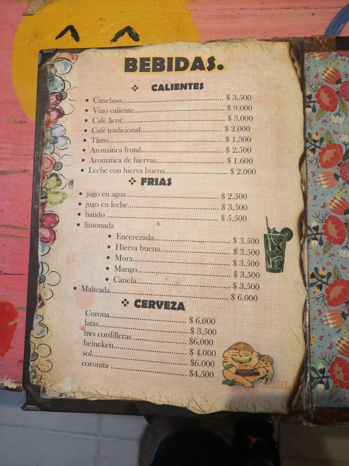 Menu at ZAZIL restaurant, Zipaquirá