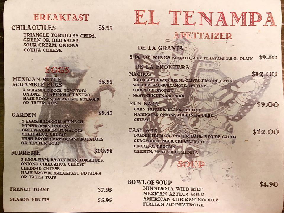 Menu at El Tenampa restaurant, Le Sueur