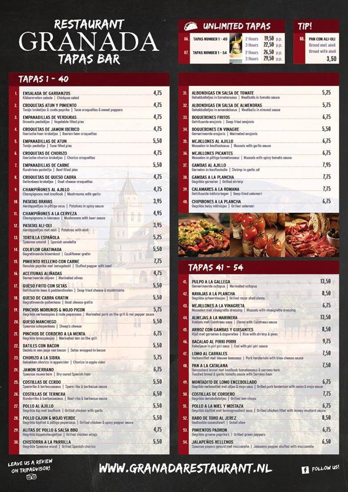 Menu at Granada, Amsterdam