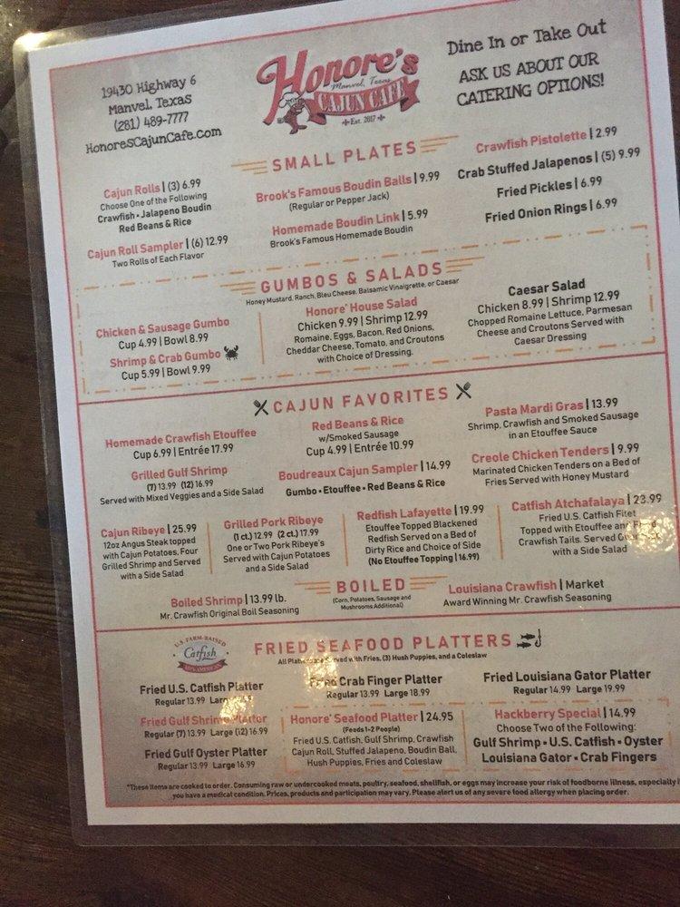 Menu at Honore's Cajun Cafe, Manvel