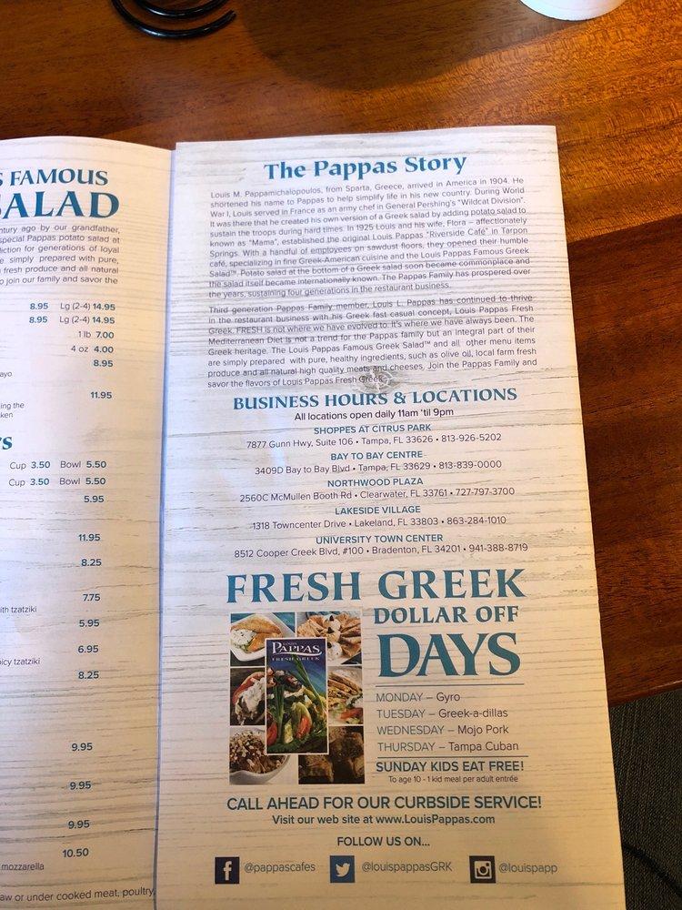 Carta del restaurante Louis Pappas Fresh Greek Lakeside, Lakeland