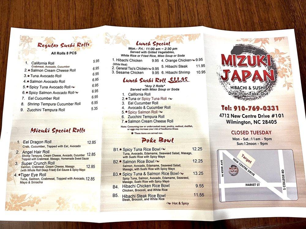 Menu at Mizuki Japan restaurant, Wilmington