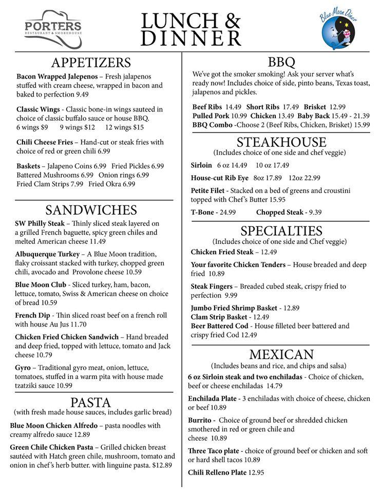 Menu at Porter's Restaurant and Smokehouse, Farmington