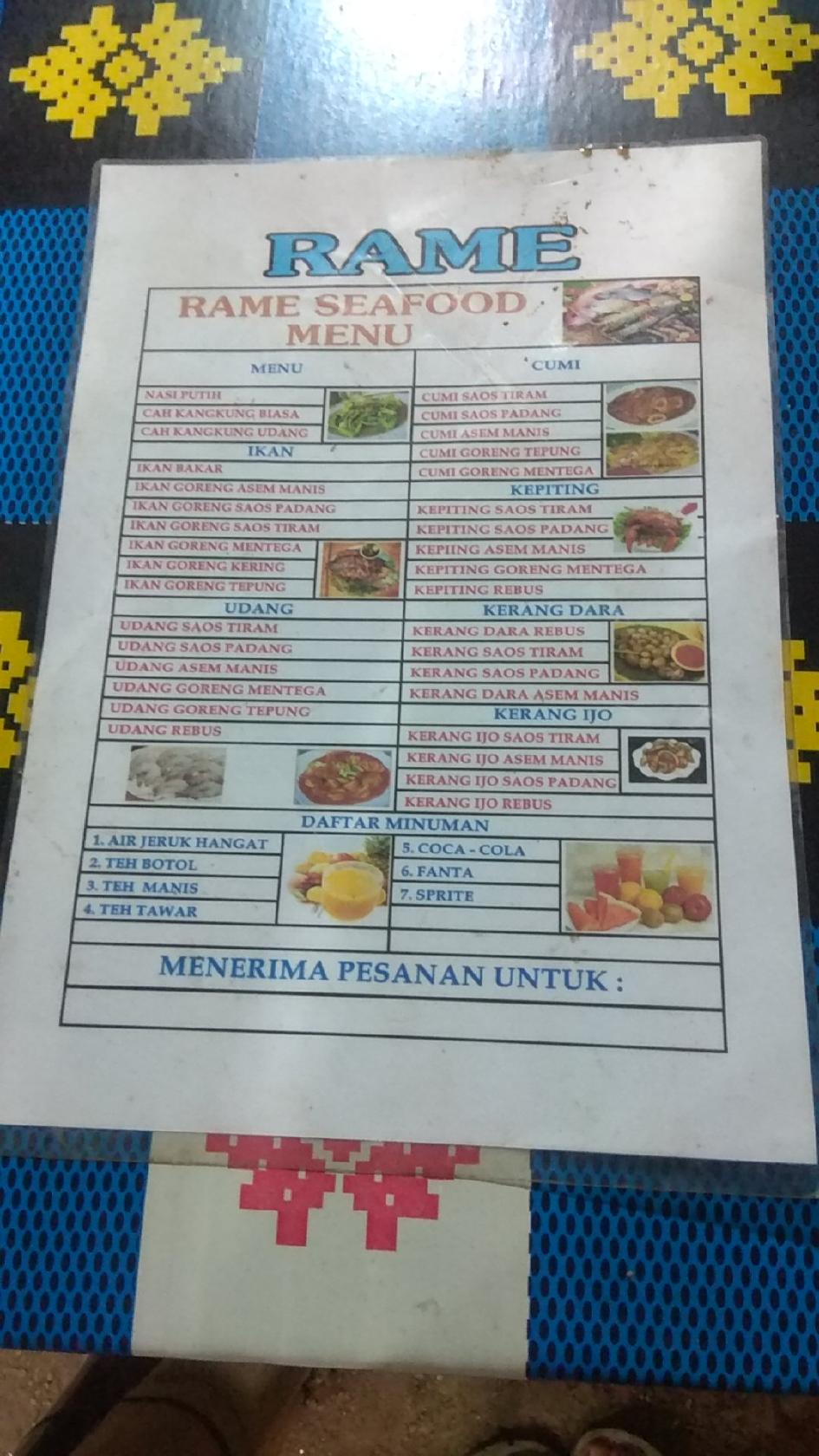 Menu at Rame seafood restaurant, Dadap, Jl. Perancis