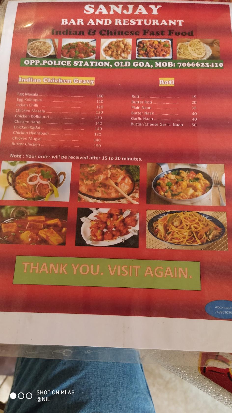 Menu at Sanjay bar and restaurant, Velha Goa, Police Station