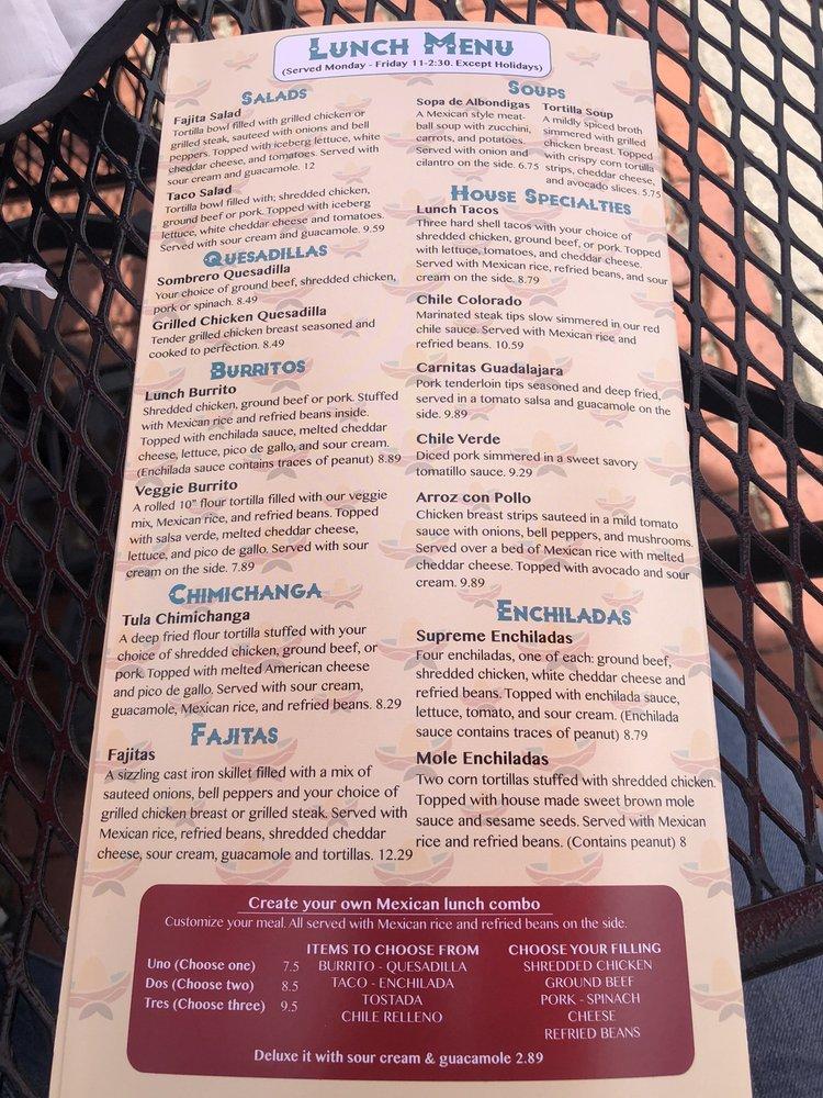 Menu at Sombrero's Mexican Restaurant, Canton