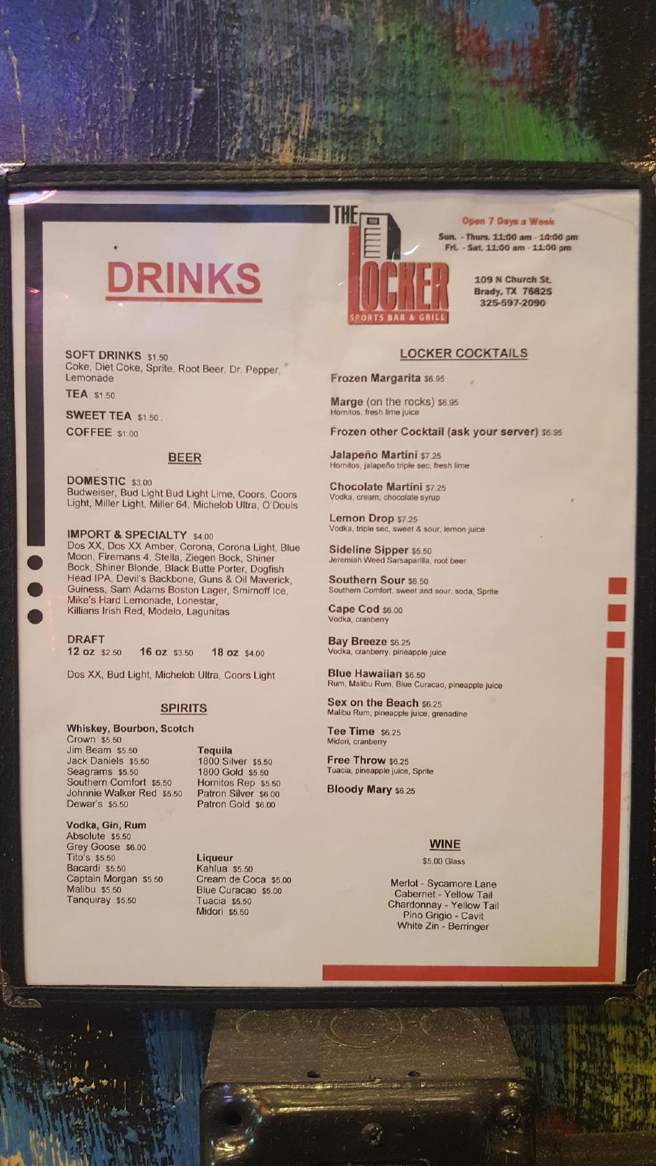 Menu at The Locker Sports Bar & Grill, Brady