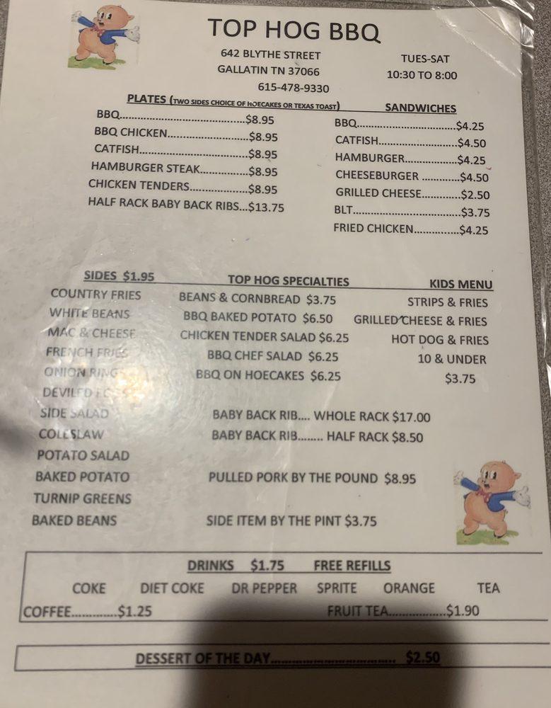 Menu at Top Hog BBQ, Gallatin