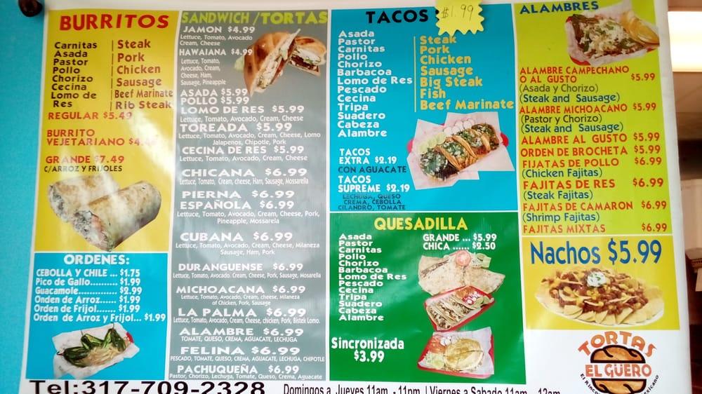 Menu at Tortas El Guero restaurant, Indianapolis, 3818 N High School Rd