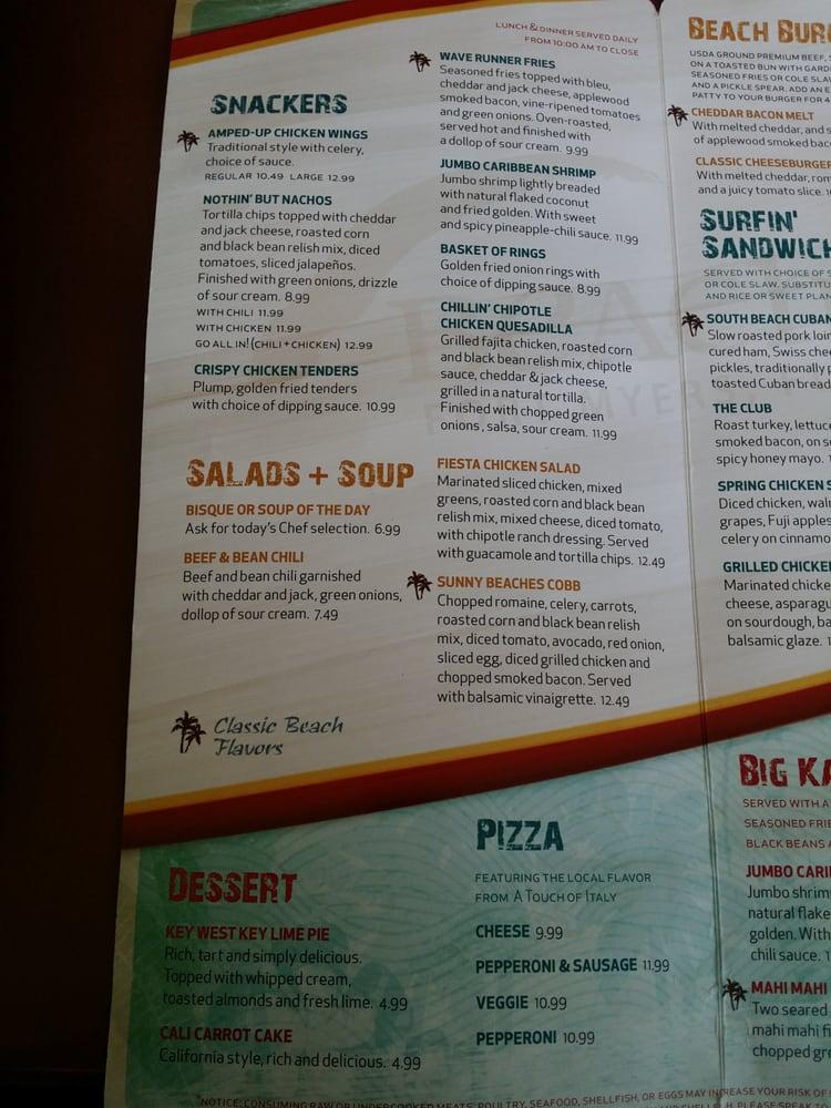 Menu at Beaches Boardwalk Cafe, Fort Myers, Terminal Access Rd