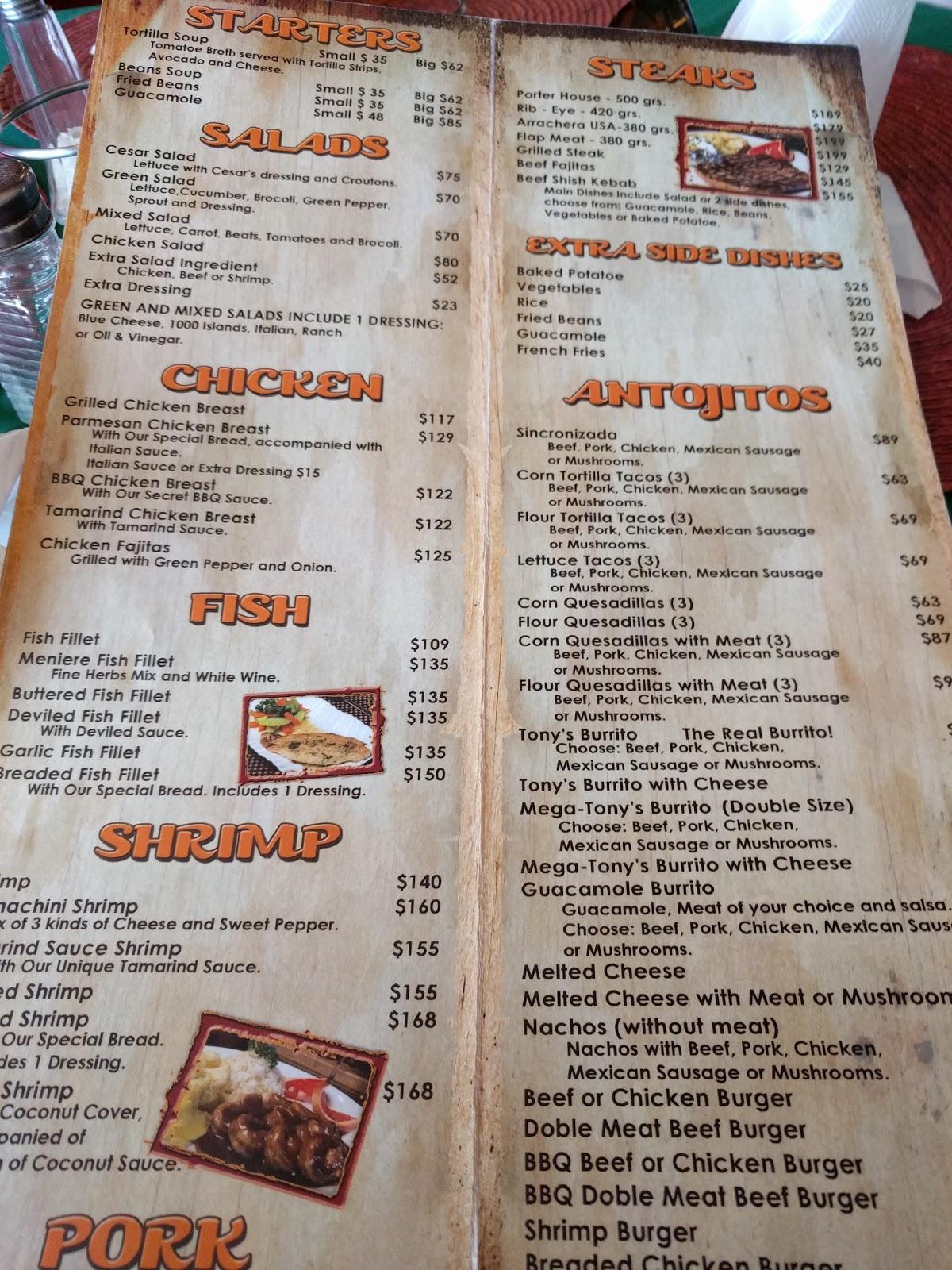 Menu at El Original Tony's Restaurante, San Antonio Tlayacapan