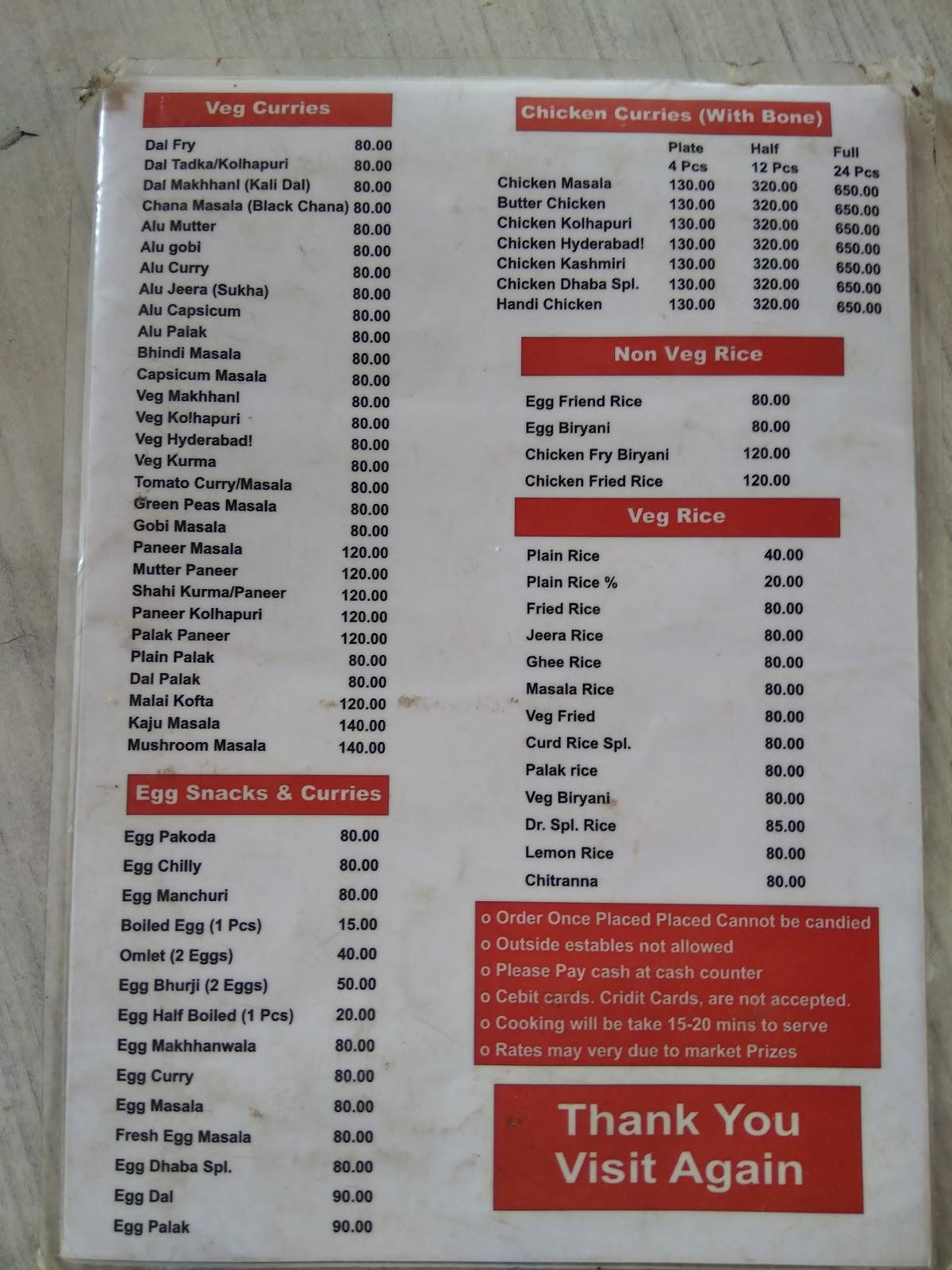 Menu at Golden Punjabi Dhaba, India