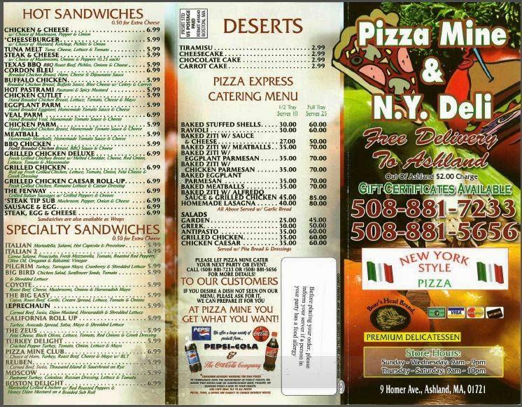 Menu at Pizza Mine pizzeria, Ashland