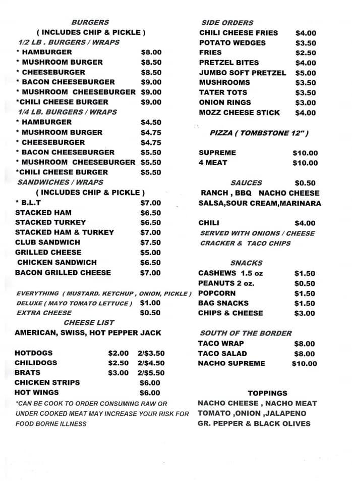Menu at Tenth Street Saloon pub & bar, Plainwell