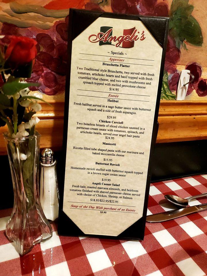 Menu at Angeli's restaurant, Naperville
