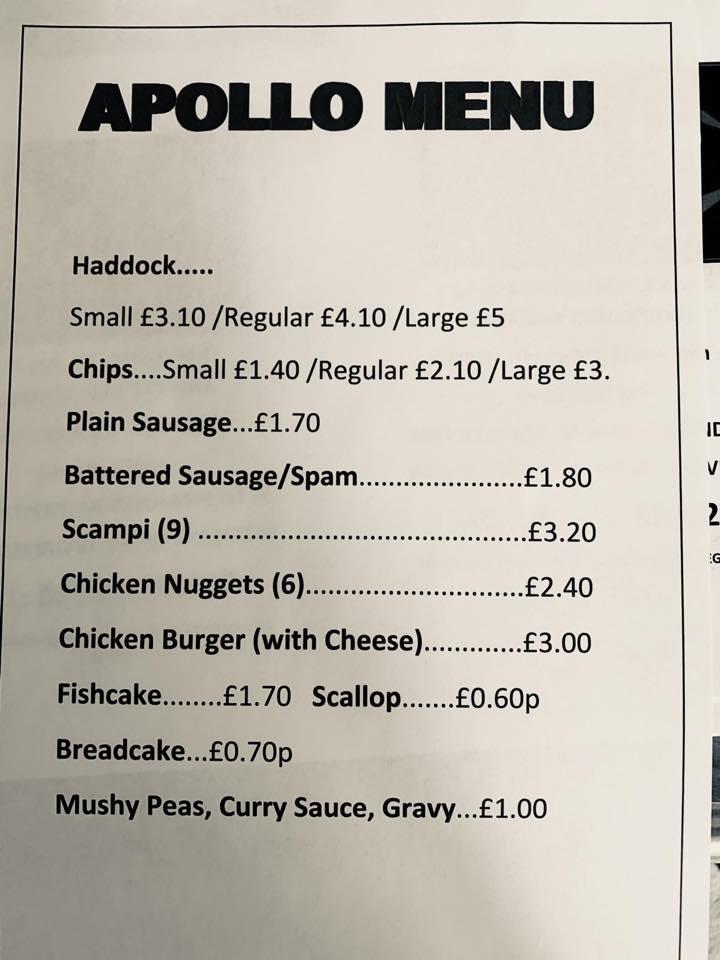 Menu at Apollo Fisheries restaurant, Leeds, 2 Albion St