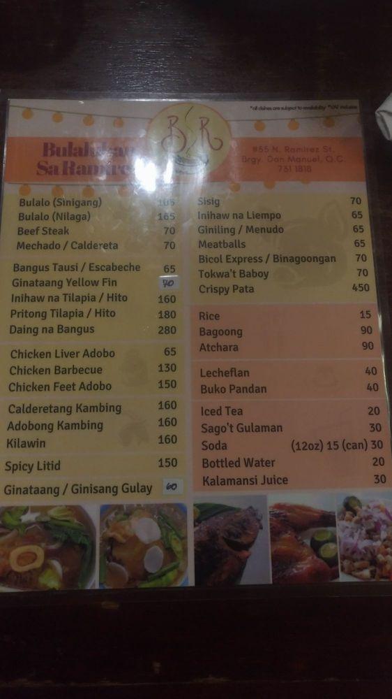 Menu at Bulalohan sa Ramirez restaurant, Quezon City