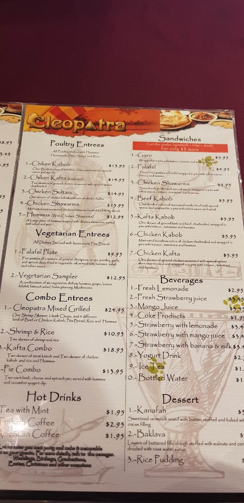 Menu at Cleopatra Grill and Hummus restaurant, Federal Heights