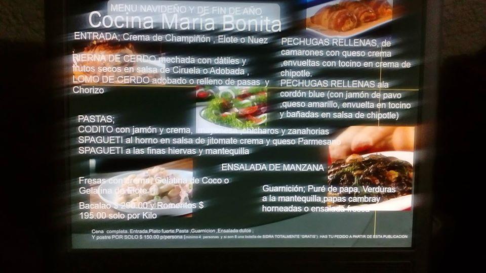 Menu at Cocina María Bonita restaurant, Santiago de Querétaro