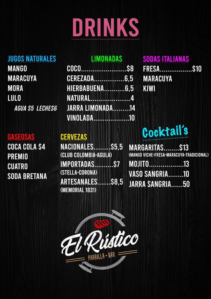 Carta de El Rústico Parrilla Bar, Jamundí