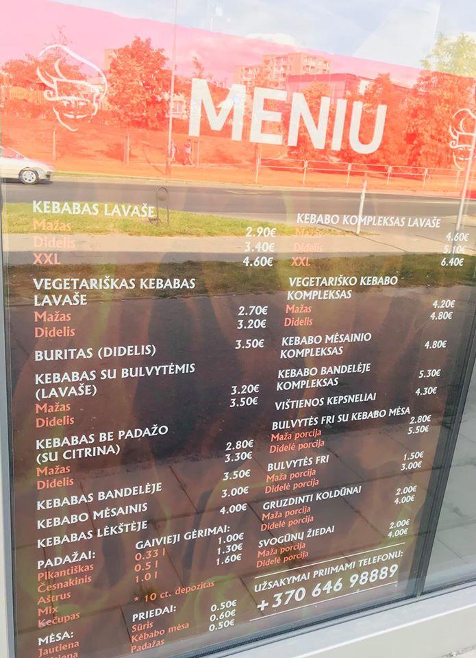 Menu at Fabų kebabinė restaurant, Vilnius