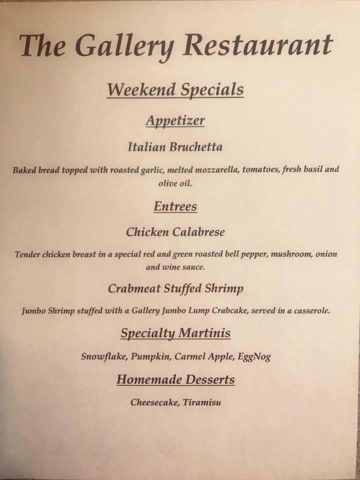 Menu at Gallery Restaurant, Pottsville