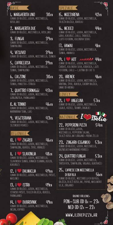 Menu at I love pizza pizzeria, Zagreb