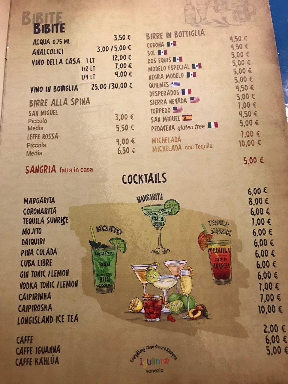 Menu da Iguana pub & bar, Venezia