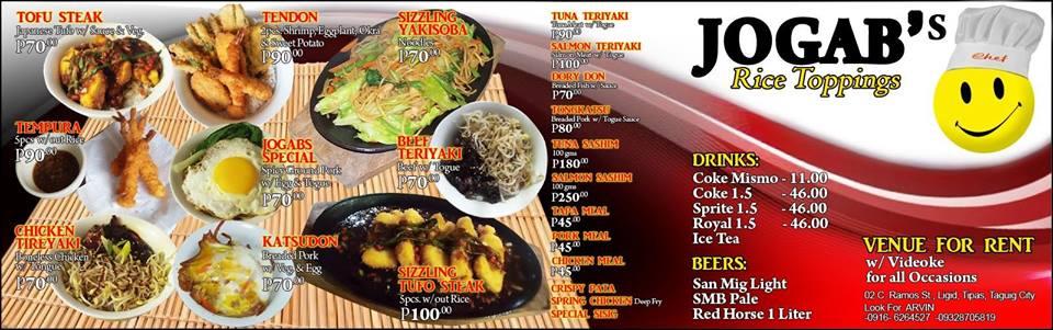 Menu at Jogab's RICE Toppings restaurant, Taguig