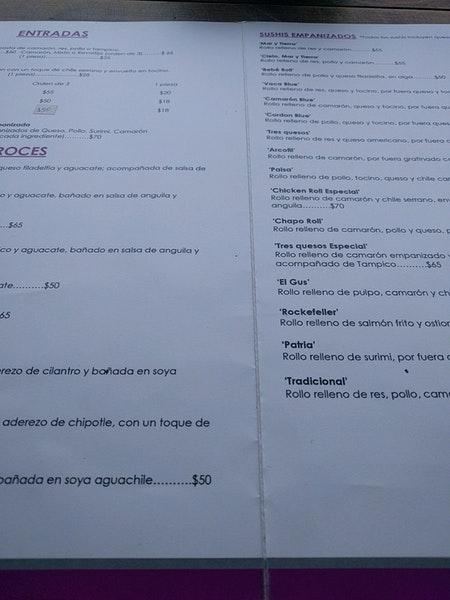 Menu at O Sushi restaurant, Guadalajara
