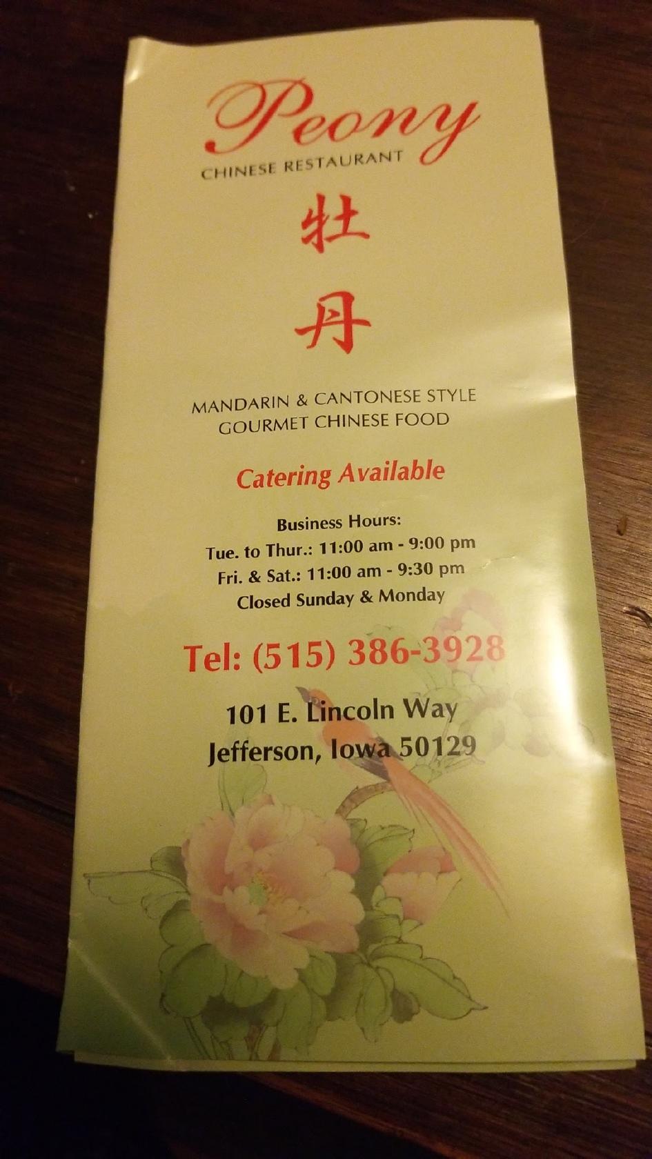 Menu at Peony Chinese Restaurant, Jefferson