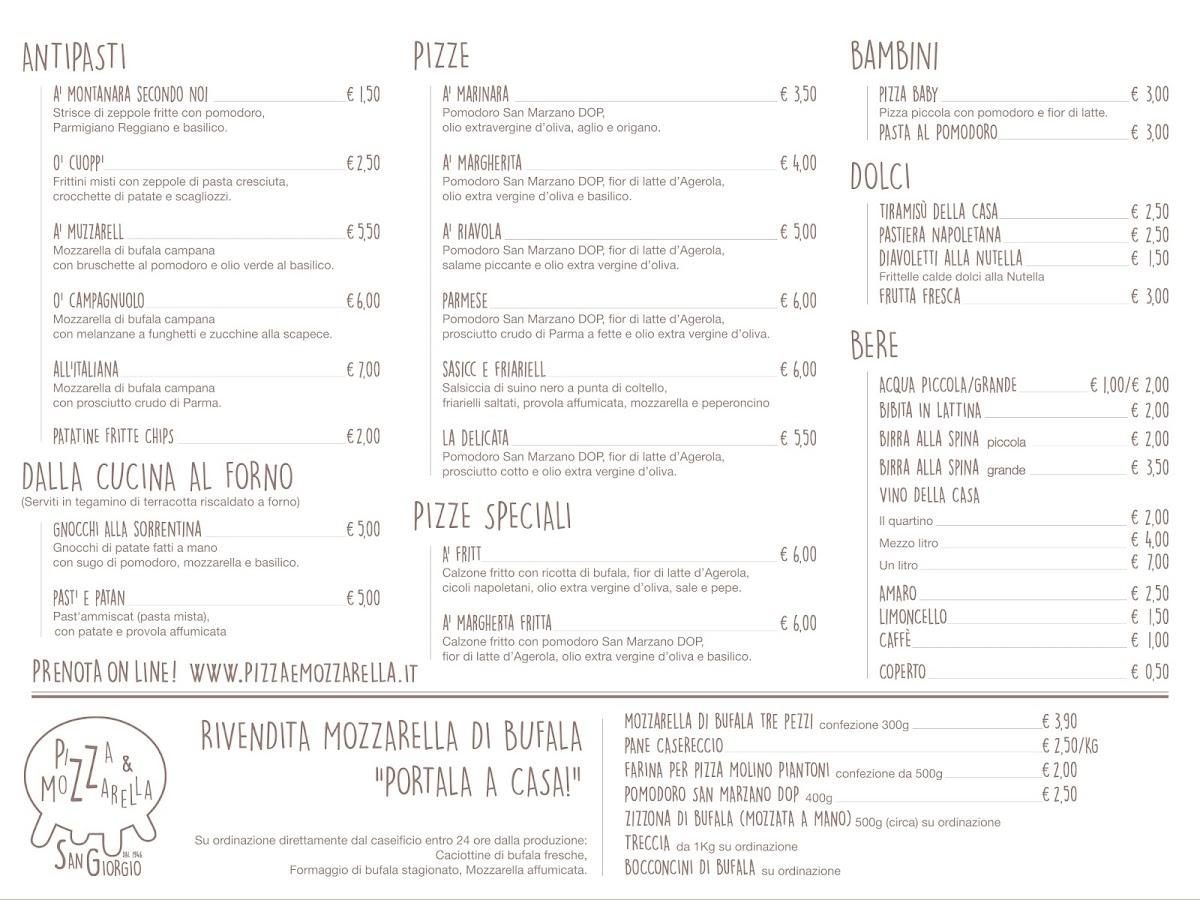 Menu at Pizza e Mozzarella restaurant, Milan