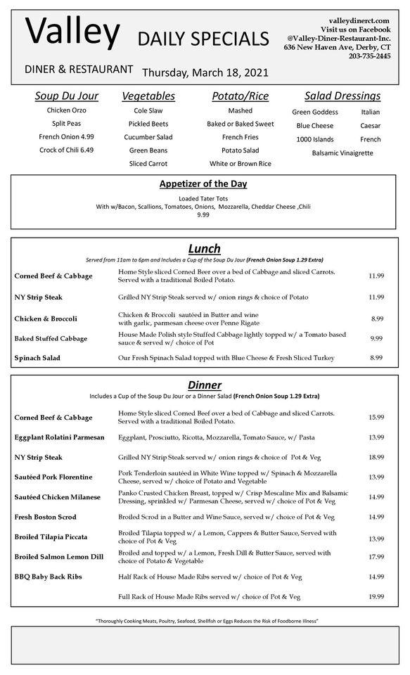 Menu at Valley Diner Restaurant, Derby