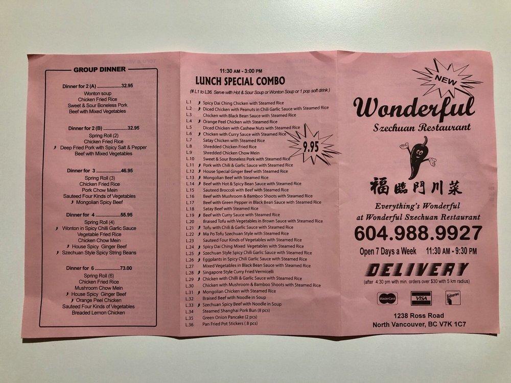 Menu at Wonderful Szechuan Restaurant, North Vancouver