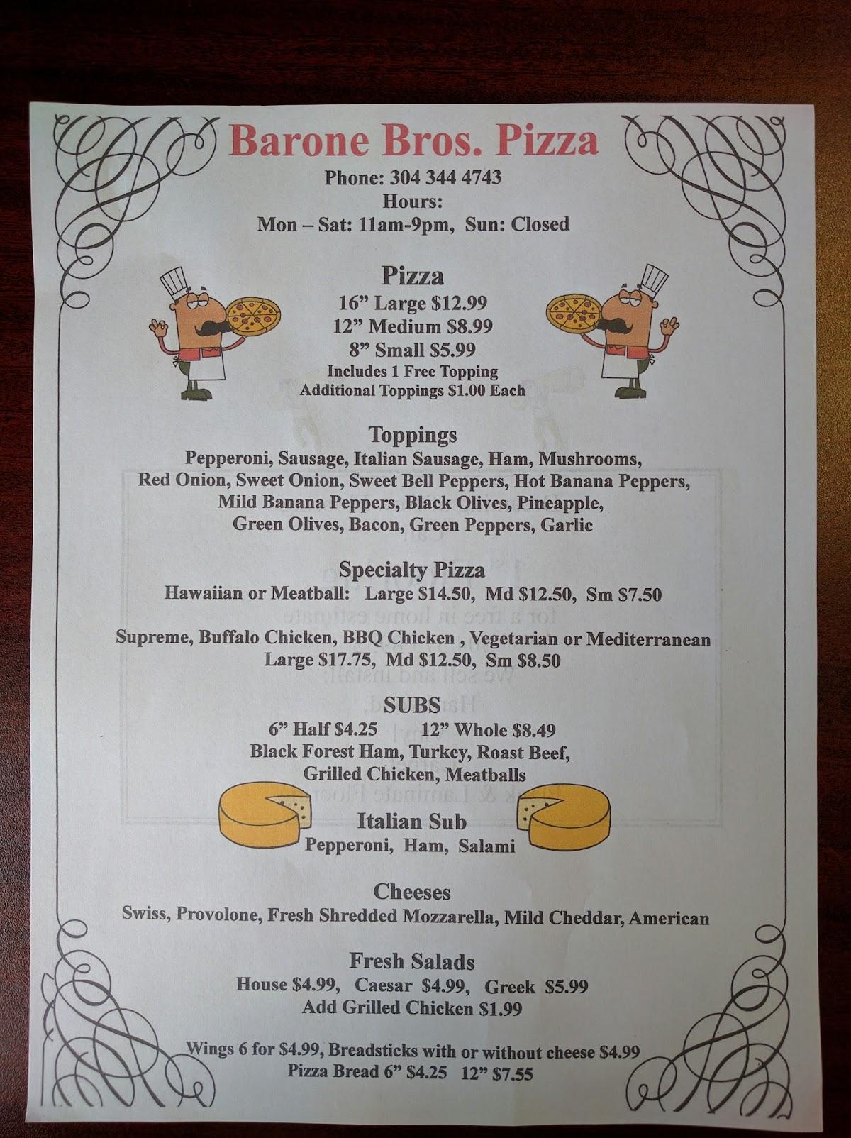 Menu at Barone Bros. Pizza, Charleston