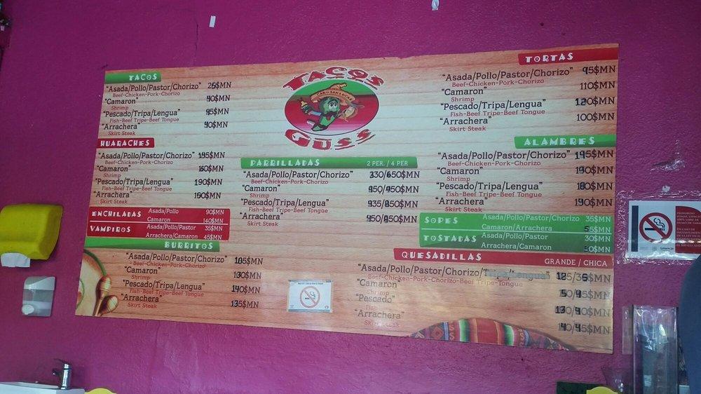 Menu at Guss Tacos restaurant, Cabo San Lucas, Blvd Lazaro Cardenas ...