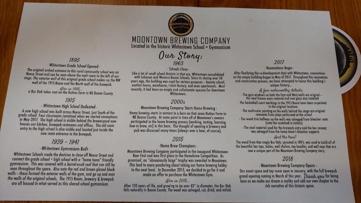 Menu at Moontown Brewing Company pub & bar, Whitestown