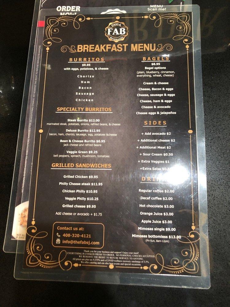 Menu at The FAB pub & bar, San Jose