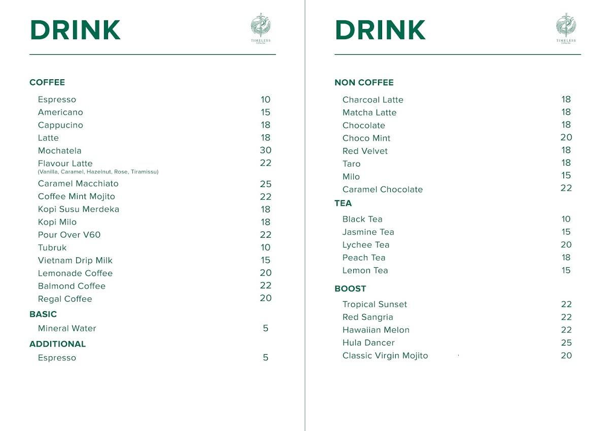 Menu at Timeless Coffee Bar, Metro