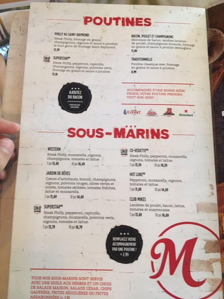 Menu au Toujours Mikes pizzeria, Berthierville, Bd Gilles Villeneuve