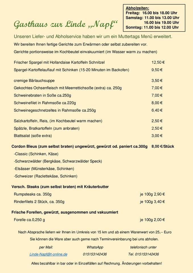 Speisekarte von Gaststätte Zur Linde-Napf steakhaus, Oberried