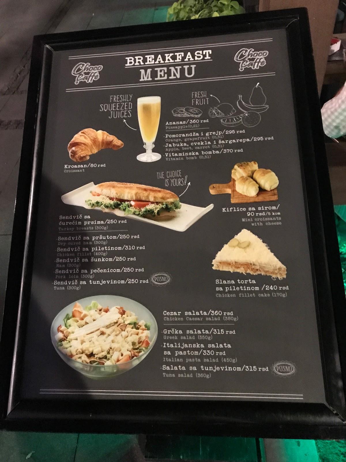 Menu at Choco Caffe cafe, Belgrade, Obilićev venac 30