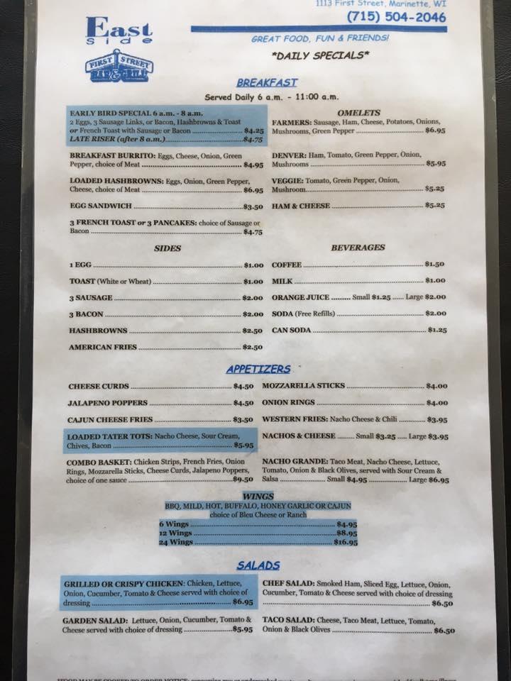 Menu at Eastside Bar & Grill, Marinette